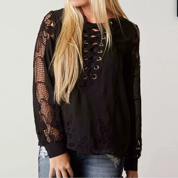 gimmicks by BKE | Tops | Gimmicks By Bke Black Lace Up Trim Sheer Top ...
